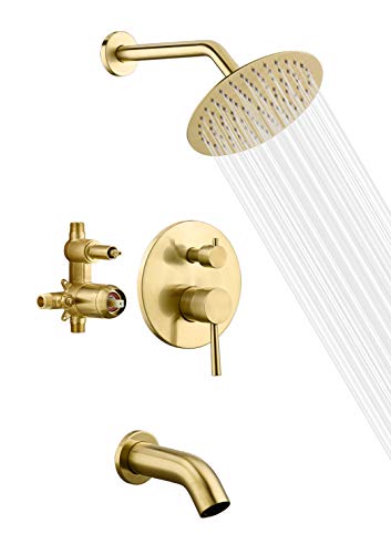 sumerain Pressure Balance Shower and Tub Faucet Set Brushed Gold with Tub Spout, 8" Shower Head, High Flow