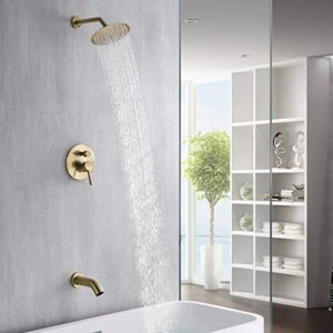 sumerain Pressure Balance Shower and Tub Faucet Set Brushed Gold with Tub Spout, 8" Shower Head, High Flow