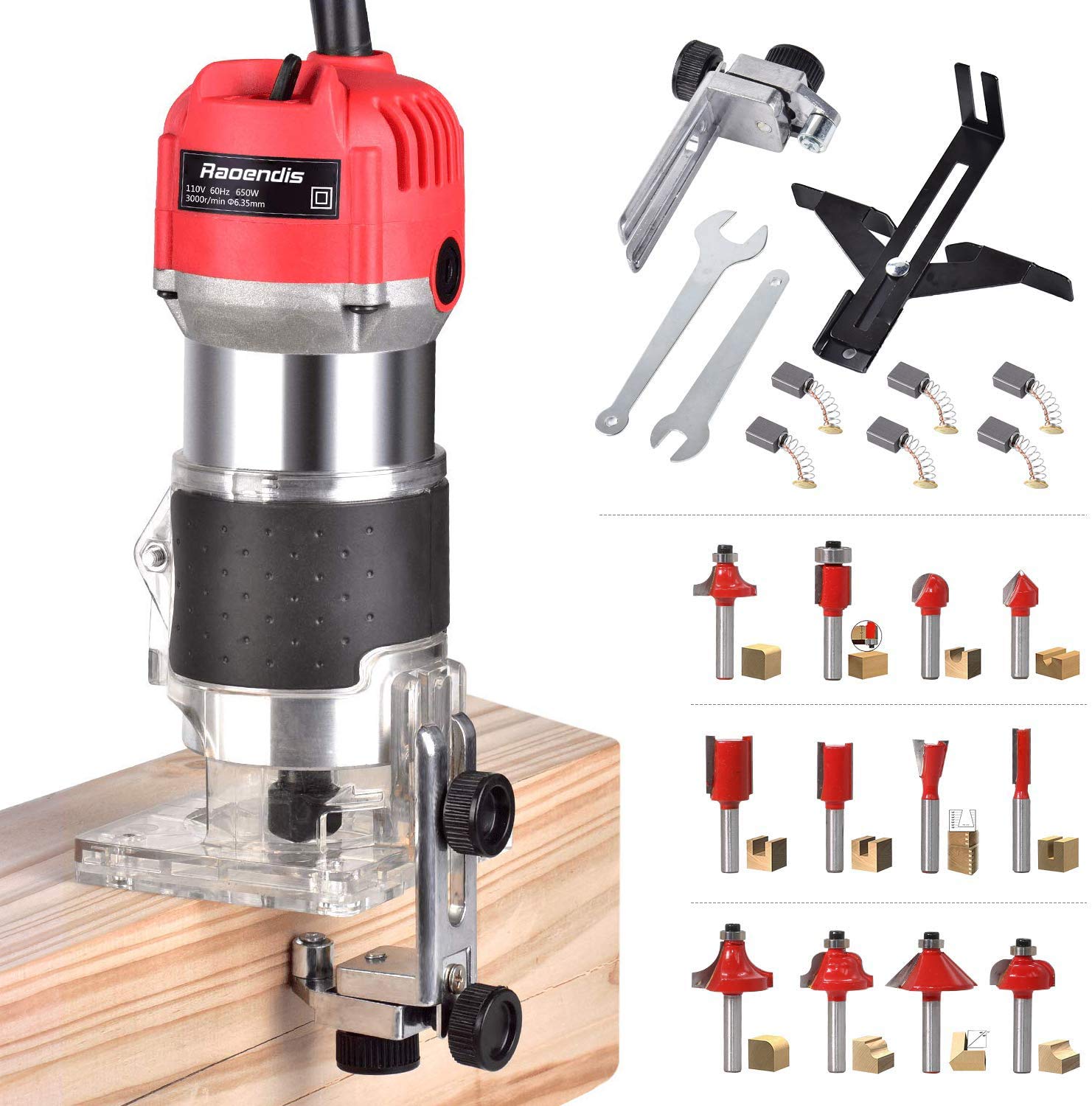 Compact Wood Palm Router Tool Hand Trimmer Woodworking Joiner Cutting Palmming Tool 30000R/MIN 650-800W 110V with 12PCS 1/4" Router Bits