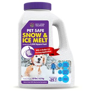 pet safe snow & ice melt | eco living solutions | calcium chloride | works under -25 °f | safe for concrete driveway and roof | better than rock salt | safe for kids and pets (10, pounds)