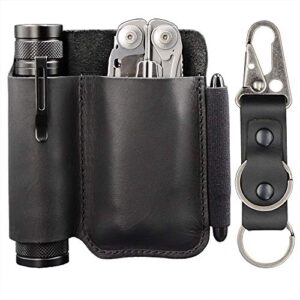 edc leather belt knife sheath organizer for multitool, fit 1.0" diameter flashlight, tool belt pouch, pocket slip pouch, edc tactical key chain holder, leather key fob, premium leather. black.