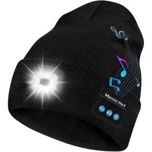 bosttor bluetooth beanie hat with light, headlamp cap with headphones and built-in speaker mic, gifts for men women teen black