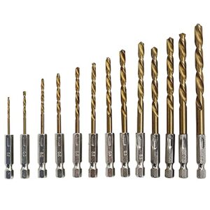 hex-shank drill bit set, hss titanium coated twist drill bits set hex shank high speed steel drill bit for metal wood plastic aluminum thin iron, quick change regular drilling tools 13pcs