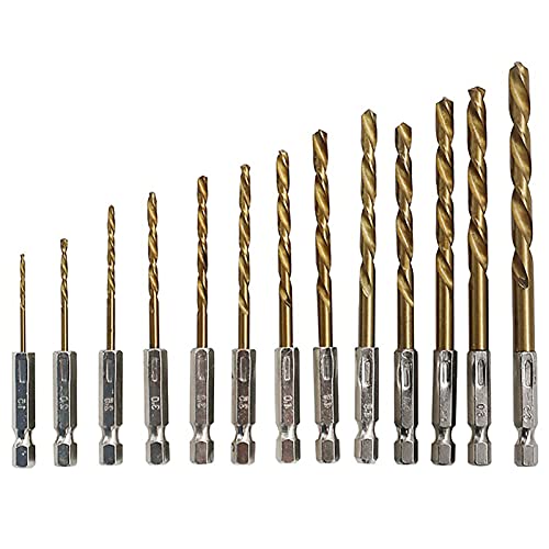 Hex-Shank Drill Bit Set, HSS Titanium Coated Twist Drill Bits Set Hex Shank High Speed Steel Drill Bit for Metal Wood Plastic Aluminum Thin Iron, Quick Change Regular Drilling Tools 13Pcs