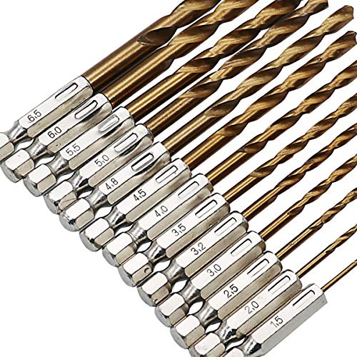 Hex-Shank Drill Bit Set, HSS Titanium Coated Twist Drill Bits Set Hex Shank High Speed Steel Drill Bit for Metal Wood Plastic Aluminum Thin Iron, Quick Change Regular Drilling Tools 13Pcs