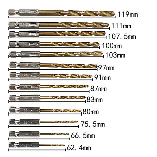 Hex-Shank Drill Bit Set, HSS Titanium Coated Twist Drill Bits Set Hex Shank High Speed Steel Drill Bit for Metal Wood Plastic Aluminum Thin Iron, Quick Change Regular Drilling Tools 13Pcs