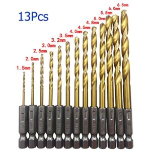 Hex-Shank Drill Bit Set, HSS Titanium Coated Twist Drill Bits Set Hex Shank High Speed Steel Drill Bit for Metal Wood Plastic Aluminum Thin Iron, Quick Change Regular Drilling Tools 13Pcs