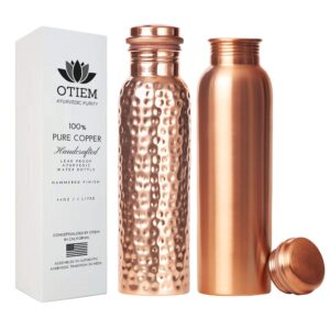 otiem copper water bottle 2 pack i copper bottle bundle i 1 sleek copper water bottle for drinking plus 1 hammered copper water bottle ayurvedic i extra large 32oz copper vessel for drinking water