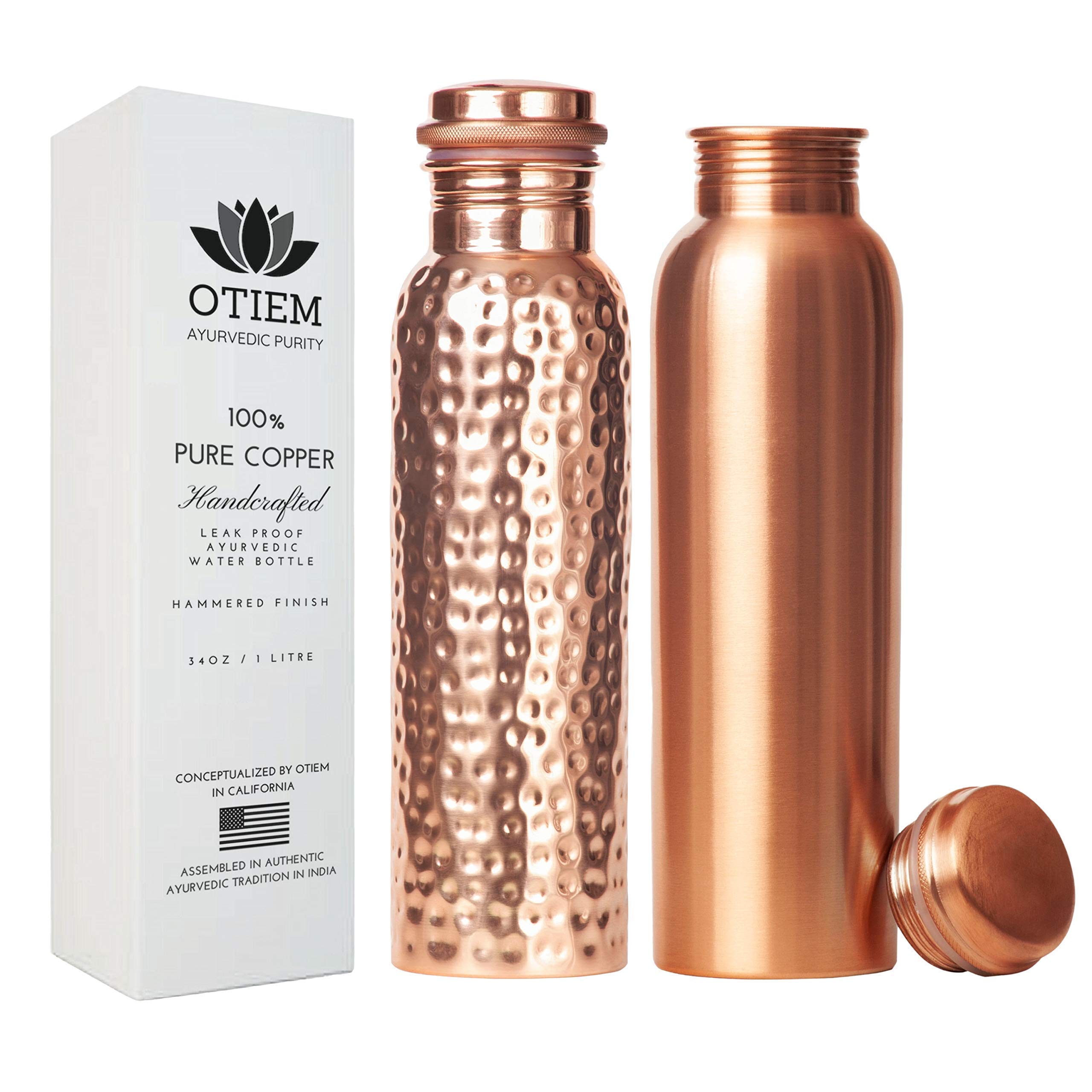 Otiem Copper Water Bottle 2 Pack I Copper Bottle Bundle I 1 Sleek Copper Water Bottle for Drinking plus 1 Hammered Copper Water Bottle Ayurvedic I Extra Large 32oz Copper Vessel for Drinking Water