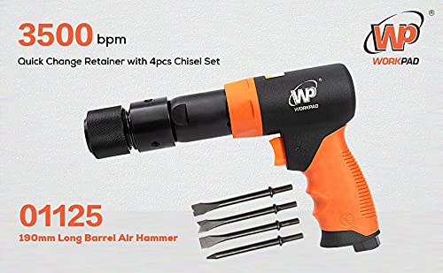 WORKPAD 190mm Long Barrel Air Hammer with Quick Change Chisel Retainer and 4-Piece Chisels Set, Pneumatic Tools