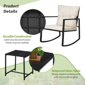 SUNCROWN 3 Piece Outdoor Rocking Bistro Set Black Wicker Furniture Porch Chairs Conversation Sets with Glass Coffee Table, Dark Grey