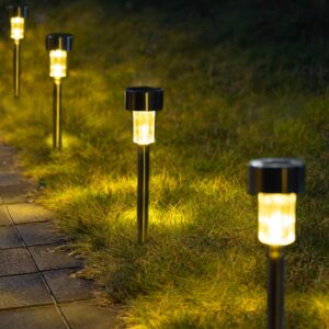 gigalumi solar pathway lights 12 pack, stainless steel ip44 waterproof auto on/off outdoor led solar landscape lights for garden, yard, patio, path and walkway. (warm white)