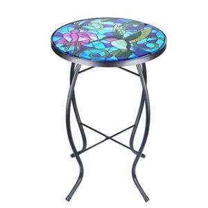 VCUTEKA Mosaic Patio Side Table Outdoor Accent Table Bistro Coffee Table Plant End Table Small Porch Table Indoor Round Glass Balcony Hummingbird Plant Table Stands