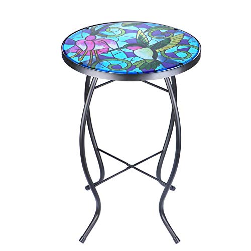 VCUTEKA Mosaic Patio Side Table Outdoor Accent Table Bistro Coffee Table Plant End Table Small Porch Table Indoor Round Glass Balcony Hummingbird Plant Table Stands