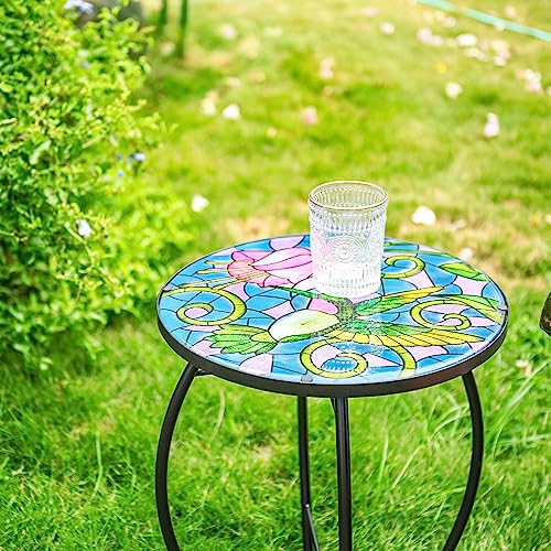 VCUTEKA Mosaic Patio Side Table Outdoor Accent Table Bistro Coffee Table Plant End Table Small Porch Table Indoor Round Glass Balcony Hummingbird Plant Table Stands