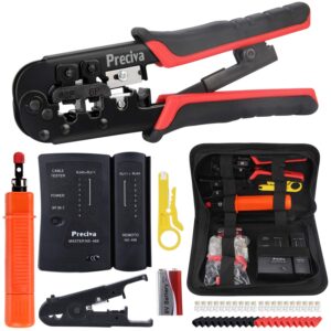 rj45 crimper tool kit, preciva cat5 cat5e ethernet crimping tool set with one network cable tester, 20pcs rj45 connectors, one wire stripper, 50pcs cable ties and wire punch down impact tool