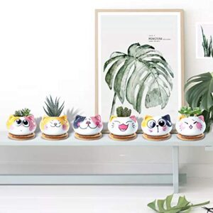 YINUOWEI Succulent Pots with Drainage 3.6 Inch Mini Cat Pots for Plants Tiny Animal Planter Small Ceramic Air Plant Flower Pots Cactus Faux Planters Containers with Bamboo Tray