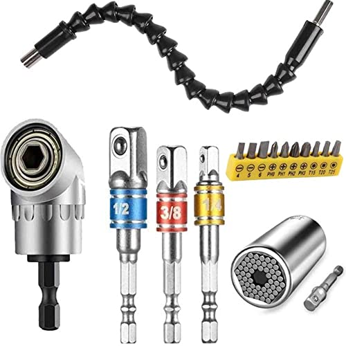 Flexible Drill Bit Extension and Universal Socket Wrench Tool Set, 105° Right Angle Drill Attachment, 1/4 3/8 1/2" Universal Socket Adapter Set, Screwdriver Bit Kit