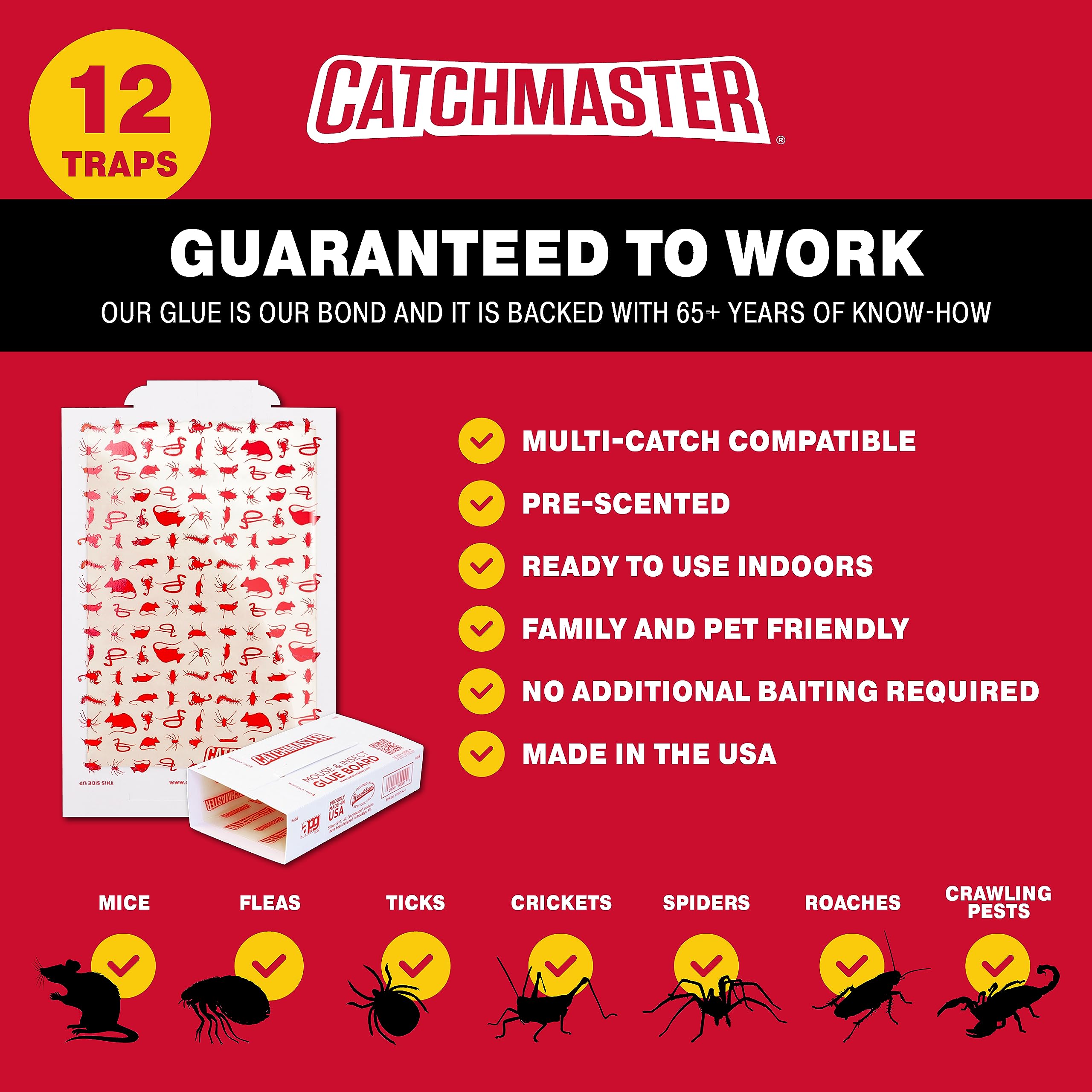 Catchmaster Mouse & Insect Glue Boards 12-Pk, Mouse Traps Indoor for Home, Bulk Glue Traps for Mice and Rats, Adhesive Boards for Inside House, Snake, Lizard, & Spider Trap, Pet Safe Pest Control