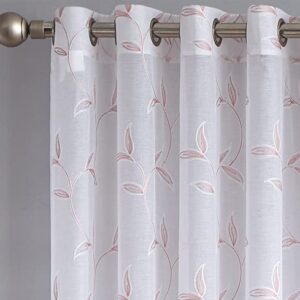 LINENZONE Sheer White Patio Door Curtain for Sliding Door with Blush Pink Leaf Embroidery. Extra Wide Curtains for Patio Doors, Glass Door Curtains, or Balcony Curtains. (Maria 102 x 84 Blush)