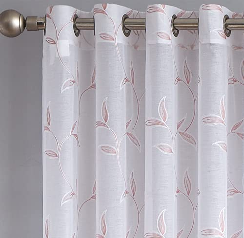 LINENZONE Sheer White Patio Door Curtain for Sliding Door with Blush Pink Leaf Embroidery. Extra Wide Curtains for Patio Doors, Glass Door Curtains, or Balcony Curtains. (Maria 102 x 84 Blush)