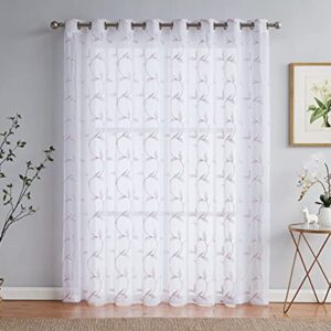 LINENZONE Sheer White Patio Door Curtain for Sliding Door with Blush Pink Leaf Embroidery. Extra Wide Curtains for Patio Doors, Glass Door Curtains, or Balcony Curtains. (Maria 102 x 84 Blush)