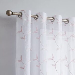 LINENZONE Sheer White Patio Door Curtain for Sliding Door with Blush Pink Leaf Embroidery. Extra Wide Curtains for Patio Doors, Glass Door Curtains, or Balcony Curtains. (Maria 102 x 84 Blush)