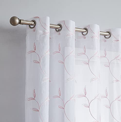 LINENZONE Sheer White Patio Door Curtain for Sliding Door with Blush Pink Leaf Embroidery. Extra Wide Curtains for Patio Doors, Glass Door Curtains, or Balcony Curtains. (Maria 102 x 84 Blush)