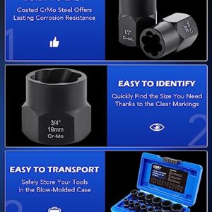 OMT Impact Nut and Bolt Extraction Tool Set, Rusted Damaged Stripped Nut and Bolt Remover Tool Kit, Nut Bolt Extractor Socket Set in 13 SAE and Metric Sizes for 3/8 Inch Drive with Case