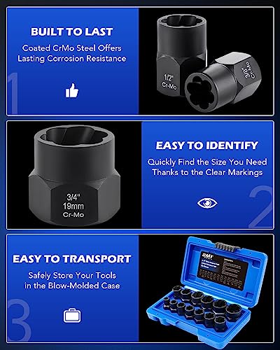 OMT Impact Nut and Bolt Extraction Tool Set, Rusted Damaged Stripped Nut and Bolt Remover Tool Kit, Nut Bolt Extractor Socket Set in 13 SAE and Metric Sizes for 3/8 Inch Drive with Case