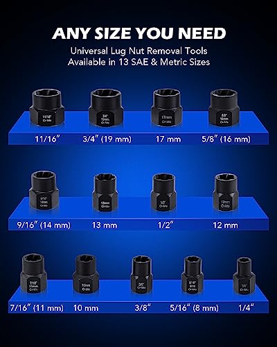 OMT Impact Nut and Bolt Extraction Tool Set, Rusted Damaged Stripped Nut and Bolt Remover Tool Kit, Nut Bolt Extractor Socket Set in 13 SAE and Metric Sizes for 3/8 Inch Drive with Case