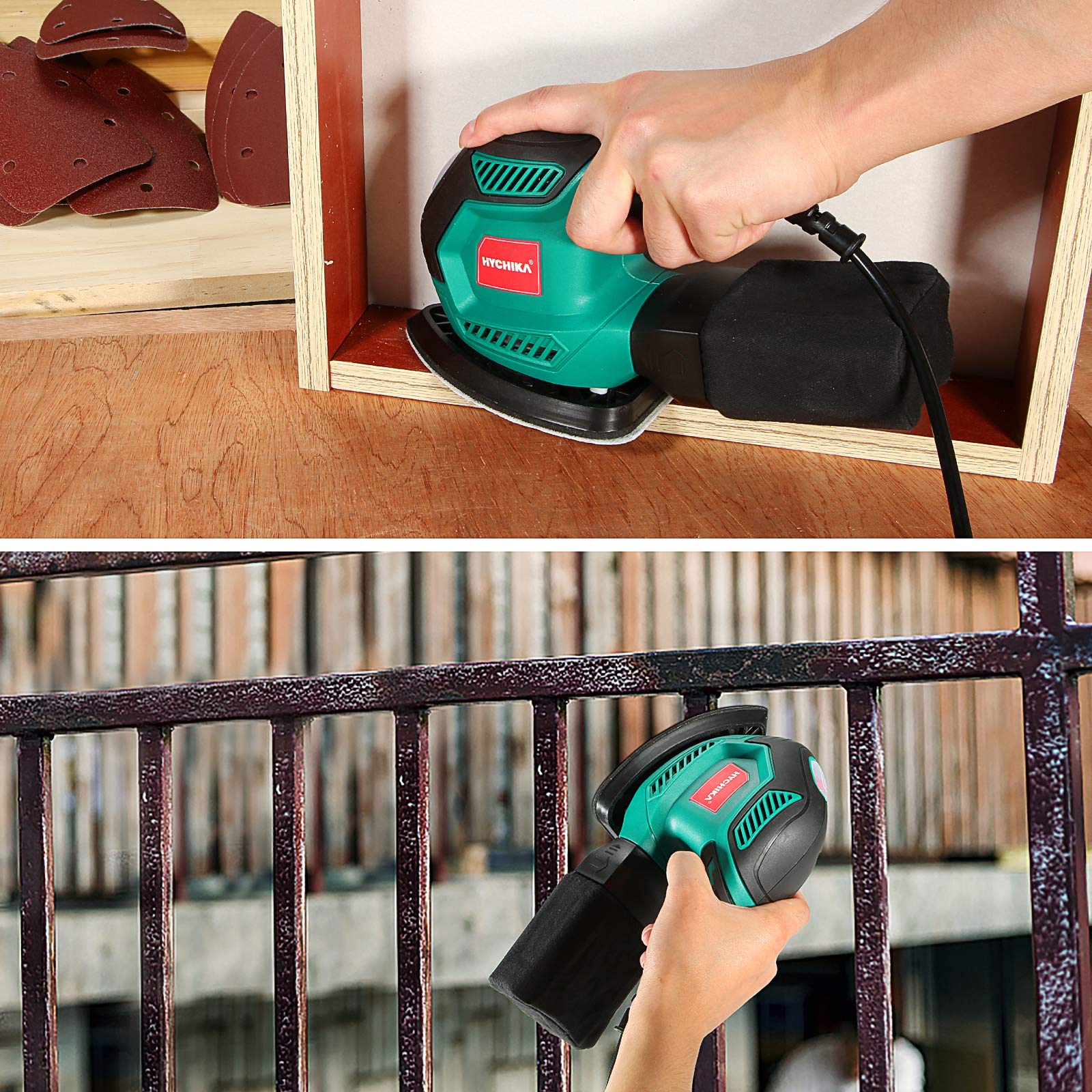 HYCHIKA Detail Sander, 14,000 OPM Compact Electric Sander Tool with 12 Pcs Sandpapers,Efficiency Dust Collection System,Suitable for Tight Spaces Sanding,Polishing,Removing Paint in Home Decoration