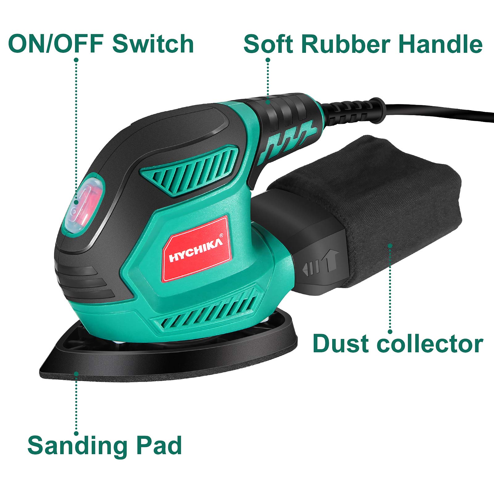 HYCHIKA Detail Sander, 14,000 OPM Compact Electric Sander Tool with 12 Pcs Sandpapers,Efficiency Dust Collection System,Suitable for Tight Spaces Sanding,Polishing,Removing Paint in Home Decoration