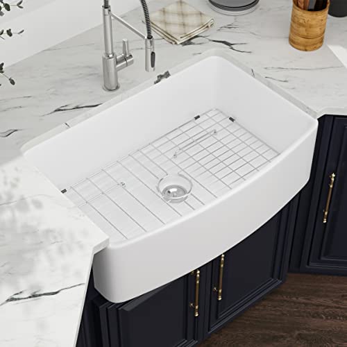 30 Farmhouse Kitchen Sink Curved Apron - Kichae 30 Inch Farmhouse Kitchen Sink Apron Front White Fireclay Ceramic Porcelain Single Bowl Kitchen Sink with Accessories