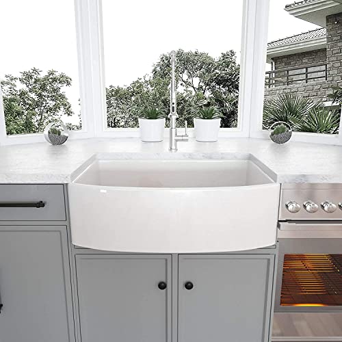 30 Farmhouse Kitchen Sink Curved Apron - Kichae 30 Inch Farmhouse Kitchen Sink Apron Front White Fireclay Ceramic Porcelain Single Bowl Kitchen Sink with Accessories