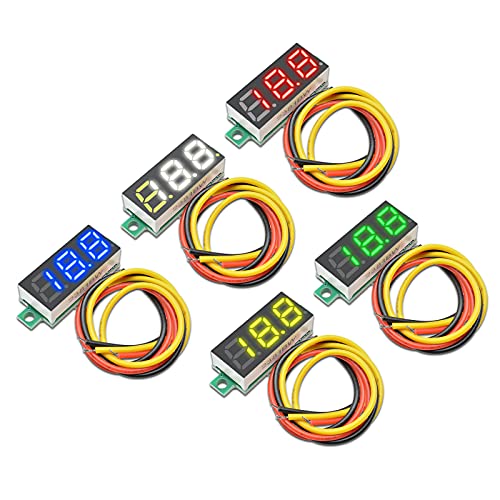 diymore 5PCS 0.28"Mini DC Voltmeter 3-Wire LED Display DC 0-100V Voltage Tester for 1-8s Lipo/Li-ion/LiMn/Li-Fe (White+Red+Yellow+Blue+Green)