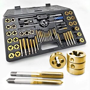 azuno 60pcs metric&sae tap and die set, titanium coated gcr15 bearing steel with t-handle/wrench/gauge/screwdriver in storage case, master threading toolkit