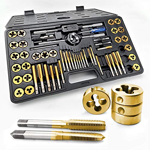 Azuno 60PCS Metric&SAE Tap and Die Set, Titanium Coated GCr15 Bearing Steel with T-Handle/Wrench/Gauge/Screwdriver in Storage Case, Master Threading Toolkit