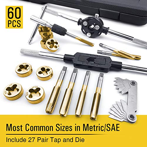 Azuno 60PCS Metric&SAE Tap and Die Set, Titanium Coated GCr15 Bearing Steel with T-Handle/Wrench/Gauge/Screwdriver in Storage Case, Master Threading Toolkit