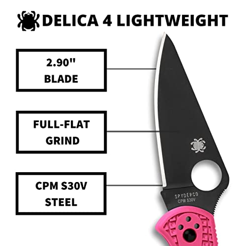 Spyderco Delica 4 Lightweight Knife with CPM S30V Premium Black Steel Blade and Brilliant Pink FRN Handle - PlainEdge - C11FPPNS30V