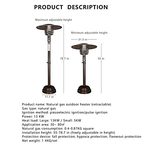 Natural Gas Patio Heater Adjustable Height (55in-78in), 12ft Hose Included, Passed CE CSA Certification, It’s Really Too Cold To Sit Outside In The Spring And Autumn,Its Heat Output Will Get Very Warm