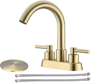 trustmi bathroom faucet 2 handle bathroom sink faucet in brushed gold 4 inch centerset lavatory vanity faucet with overflow pop up drain and cupc water supply lines, spot resist bathroom faucet gold