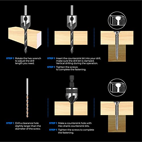 amoolo 10-Pack Countersink Drill Bit Set with 1 Free Hex Key Wrench, 7 Pcs Countersink Drill Bits for Wood, 3 Pcs Hex Shank Wood Countersink Bits (1/2" 5/8" 3/4"), Woodworking Carpentry Reamer