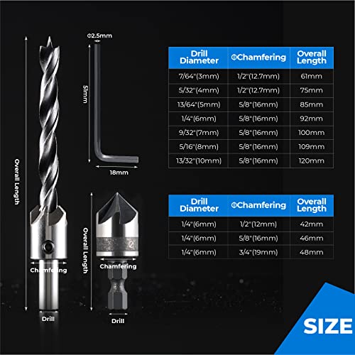 amoolo 10-Pack Countersink Drill Bit Set with 1 Free Hex Key Wrench, 7 Pcs Countersink Drill Bits for Wood, 3 Pcs Hex Shank Wood Countersink Bits (1/2" 5/8" 3/4"), Woodworking Carpentry Reamer