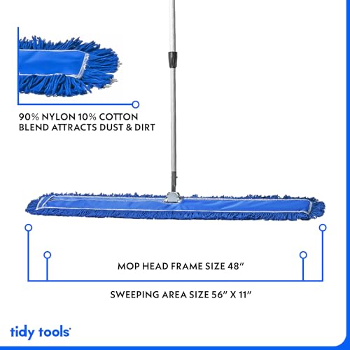 Tidy Tools Commercial Dust Mop & Floor Sweeper, 48 in. Dust Mop for Hardwood Floors, Reusable Dust Mop Head, Extendable Mop Handle, Industrial Dry Mop for Floor Cleaning & Janitorial Supplies, Blue