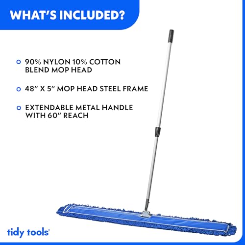 Tidy Tools Commercial Dust Mop & Floor Sweeper, 48 in. Dust Mop for Hardwood Floors, Reusable Dust Mop Head, Extendable Mop Handle, Industrial Dry Mop for Floor Cleaning & Janitorial Supplies, Blue