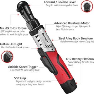 Durofix RW1210-32 G12 Series 12V Cordless Li-ion 3/8” 65 ft-lbs. Brushless Ratchet Wrench Tool Kit with 2 Batteries and Canvas Bag