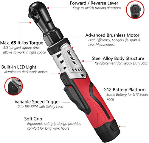 Durofix RW1210-32 G12 Series 12V Cordless Li-ion 3/8” 65 ft-lbs. Brushless Ratchet Wrench Tool Kit with 2 Batteries and Canvas Bag