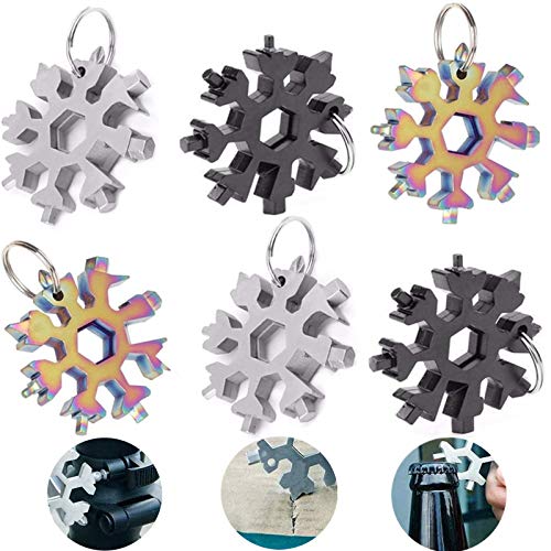 18-in-1 Stainless Steel Snowflake Keychain Multi-Tool Portable Keychain Screwdriver Bottle Opener Tool for Outdoor Camping Gift for Valentine's Day, Birthday, and Happy New Year (Multi 6 PACK)