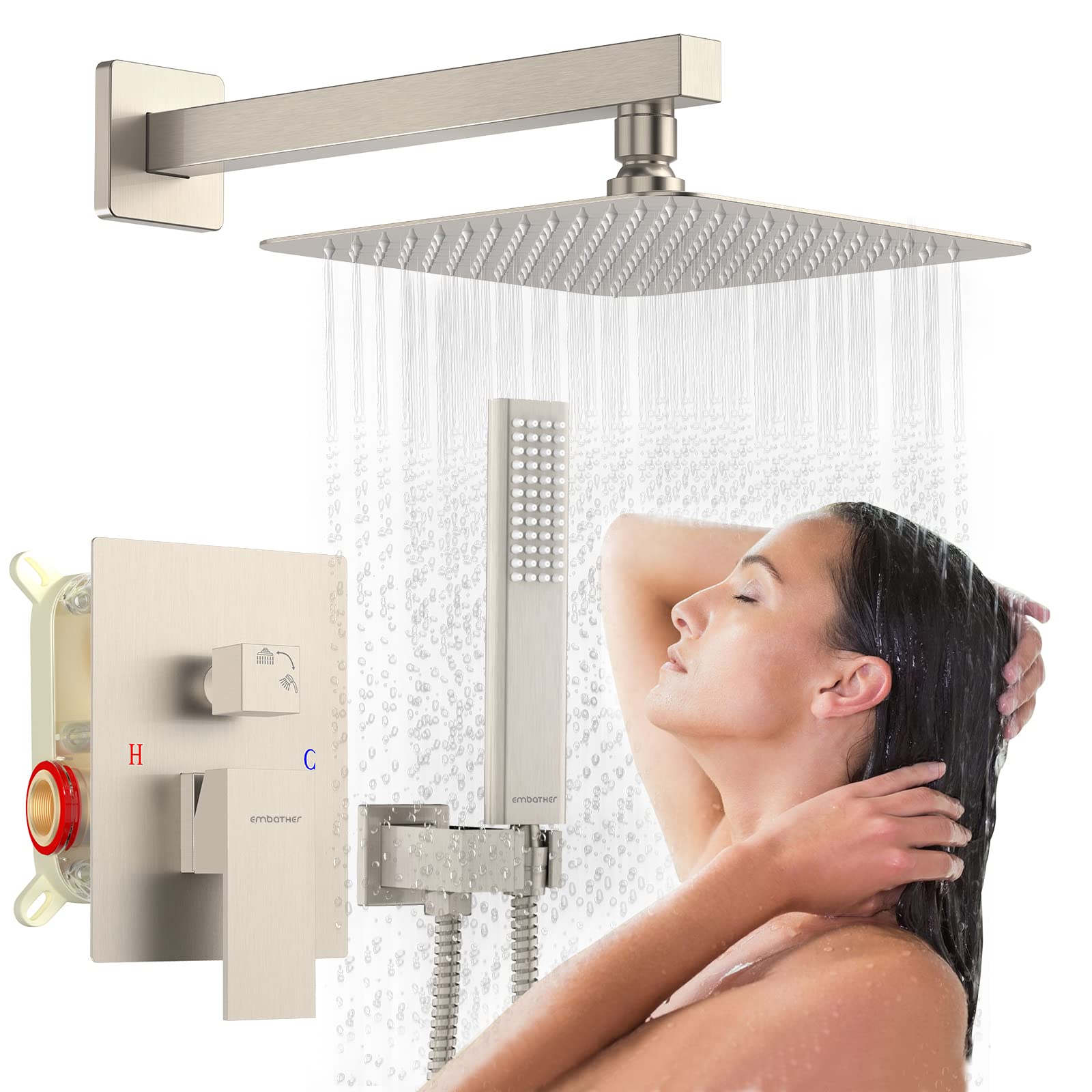 Rain Shower System Sets Faucet: EMBATHER 10 Inch Overhead Rainhead Shower Combo Set With Handheld And Valve-Luxury Modern Mixer Rainfall Brushed Nickel Shower Faucets Sets Complete